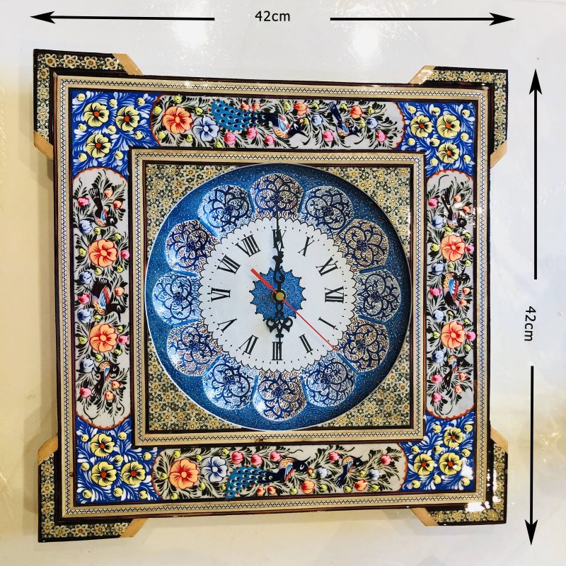 Khatam Kari Wooden Wall Clock, Heaven Bird Design - Shop Iran Art