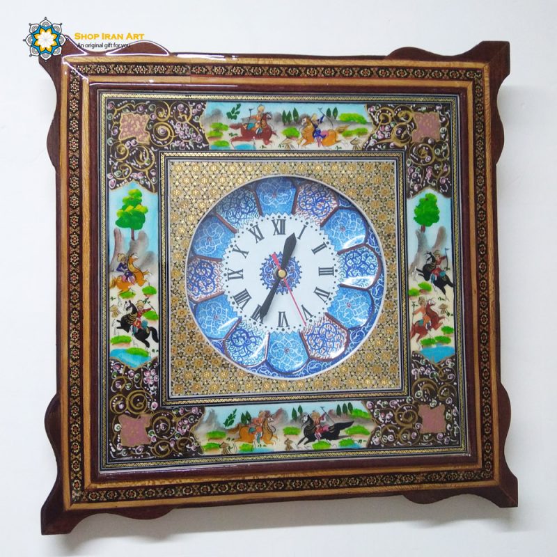 Khatam Kari Wooden Wall Clock, The Legends Design - Shop Iran Art