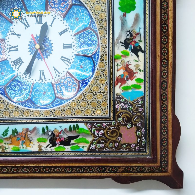 Khatam Kari Wooden Wall Clock, The Legends Design - Shop Iran Art
